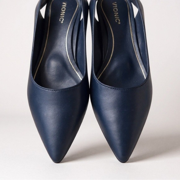 Vionic | Shoes | Vionic Navy Leather Pointed Toe Slingback Kitten Heel ...
